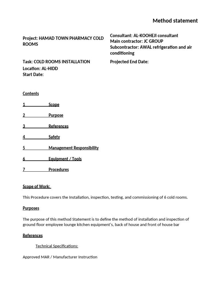 Cold Room Installation Method Statement | PDF | Refrigeration ...