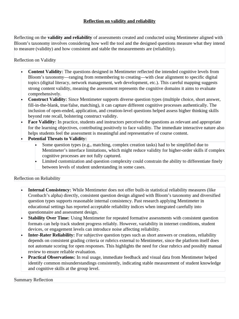 Reflection On Validity and Reliability | PDF | Educational Assessment | Validity (Statistics)