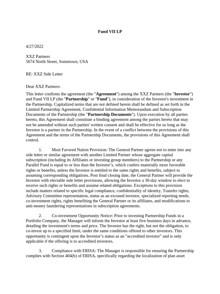 XXZ Side Letter Agreement Summary | PDF | Partnership | Indemnity