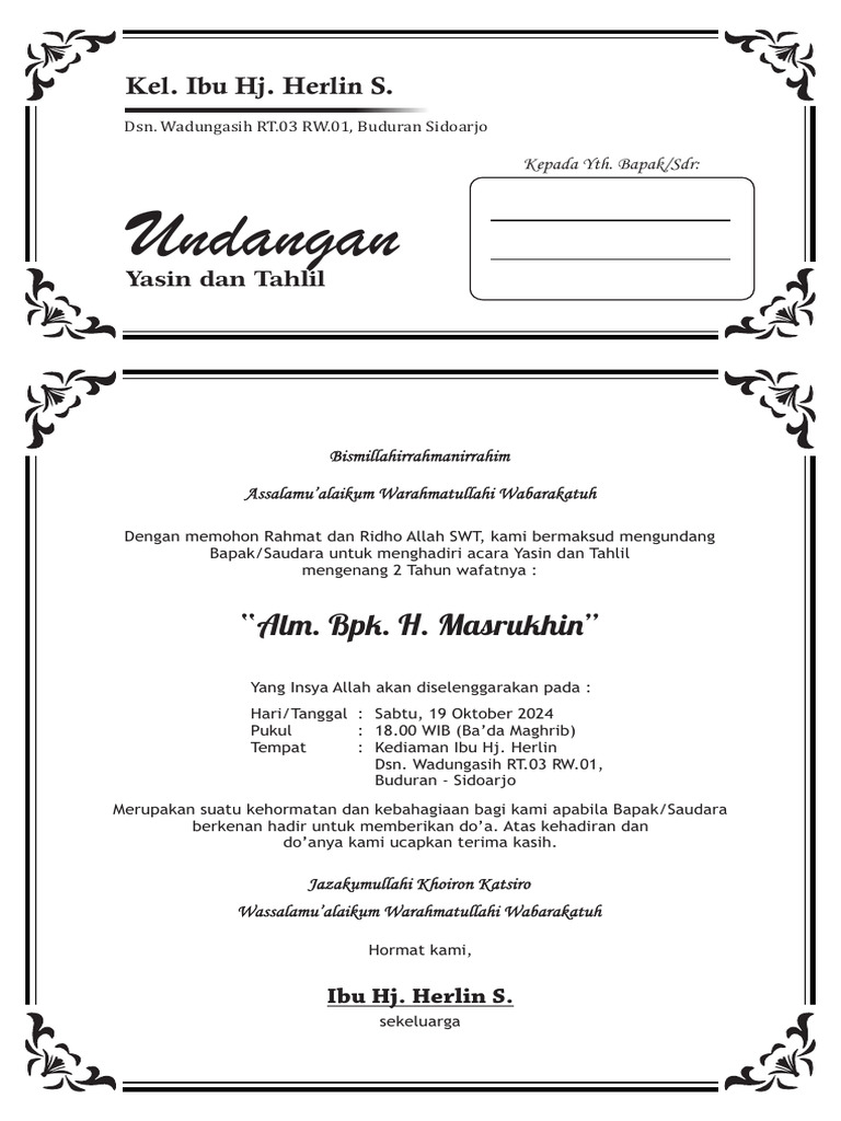 Undangan Yasin dan Tahlil 2 Tahun Wafat | PDF
