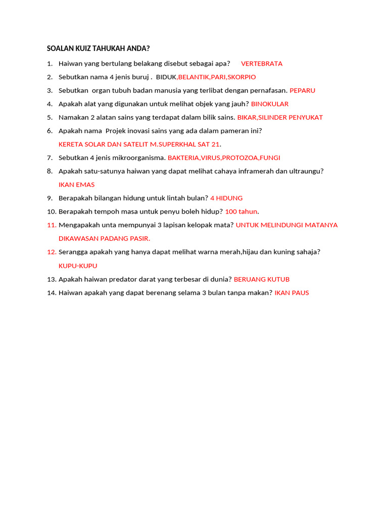 Soalan Kuiz Pengetahuan Sains dan Haiwan | PDF