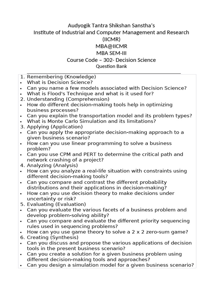 Decision Science MBA Question Bank | PDF | Decision Making | Game Theory