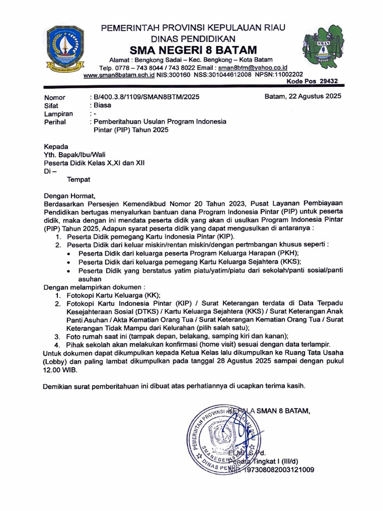 Pemberitahuan Pengajuan Pip Tahun 2025 | PDF