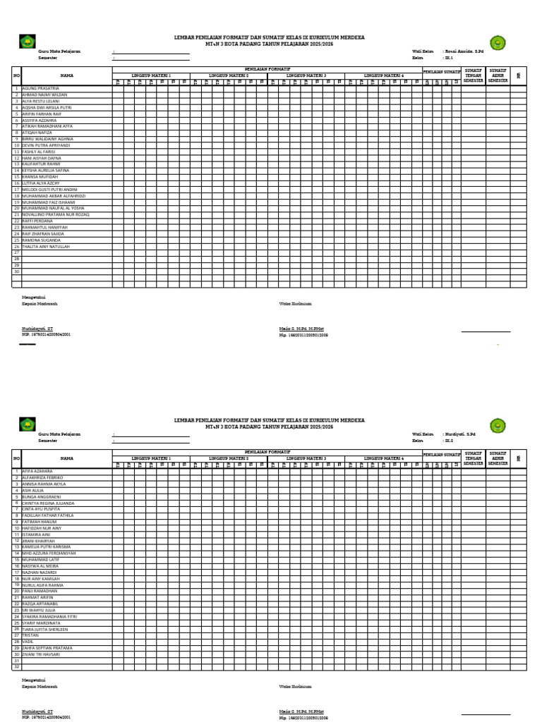 Blanko Penilaian Kelas 9 Sem 1 TP 2025-2026 | PDF