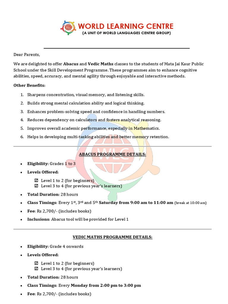 Fee - Circular - Abacus - Vedic Maths - 25-26 - MJKPS | PDF | Learning ...
