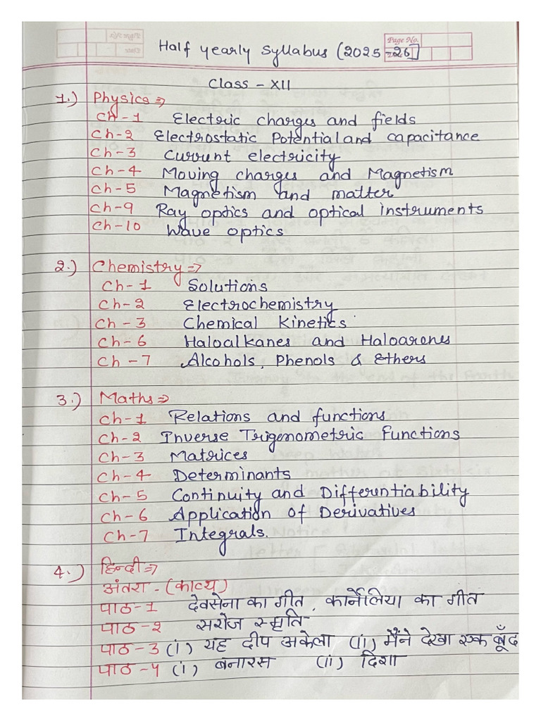 Half Yearly Syllabus of Class-12th - 075322 | PDF