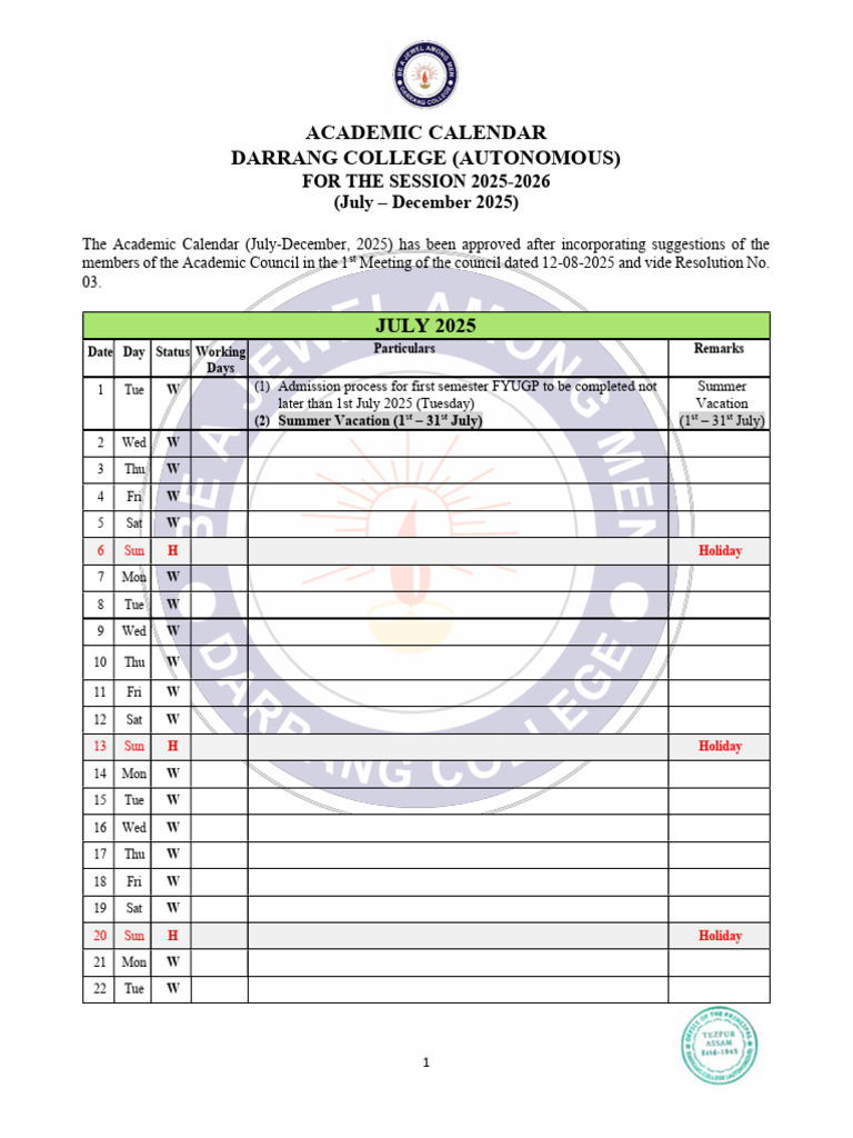 Darrang College Academic Calendar 2025-26 | PDF | Academic Term