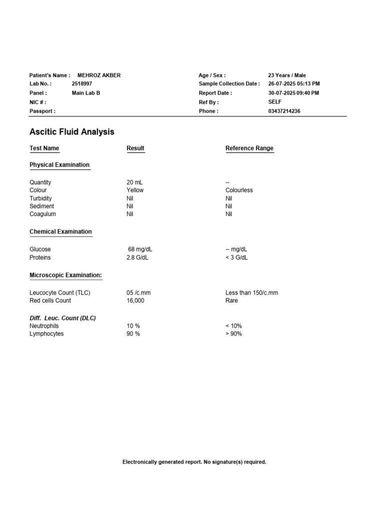 Ascitic Fluid Analysis Report for Mehroz Akber | PDF