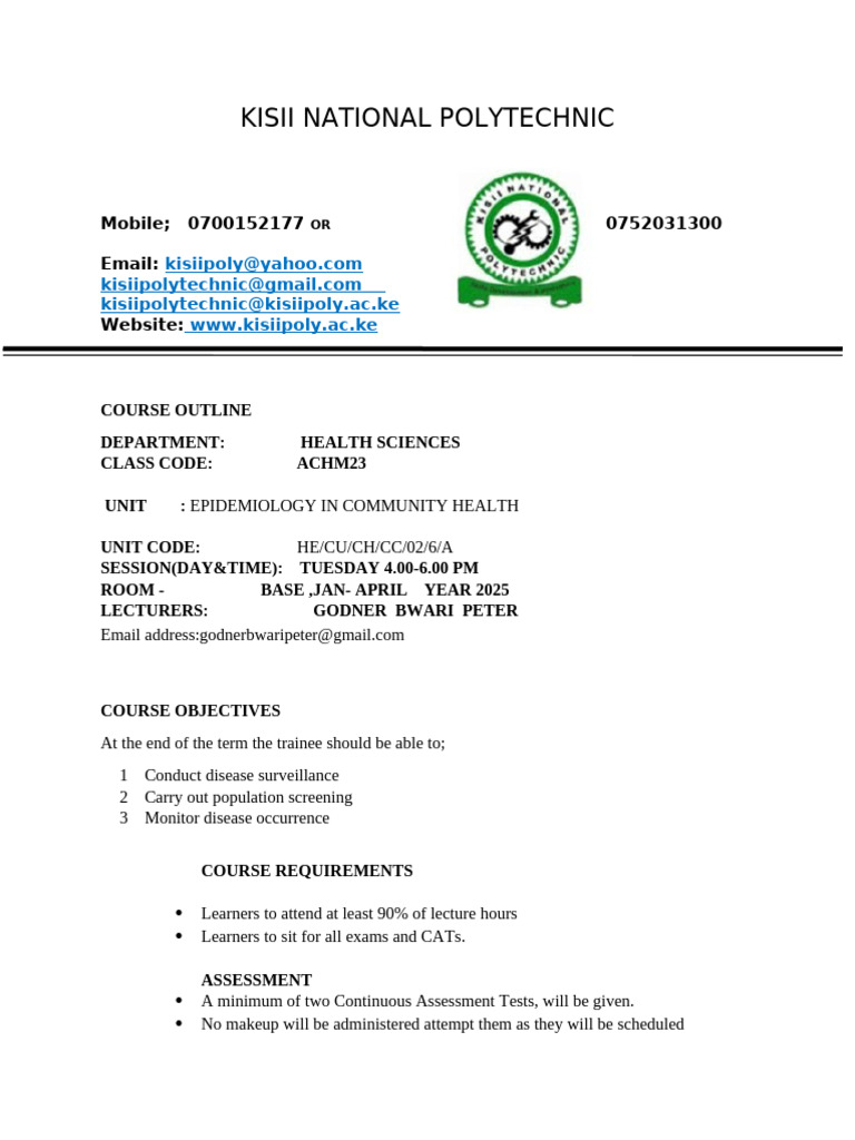 Epidemiology Course Outline - Kisii Poly | PDF | Epidemiology ...