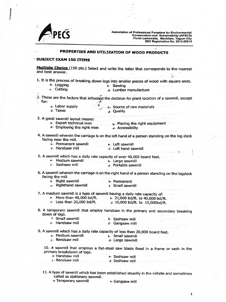 APECS - Properties and Utilization of Wood Products - Subject Exam | PDF