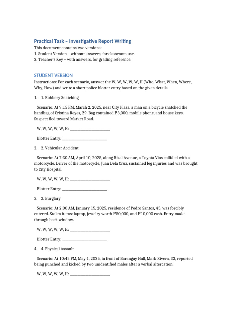 Crime Report Scenarios and Blotter Entries | PDF | Crimes | Crime ...