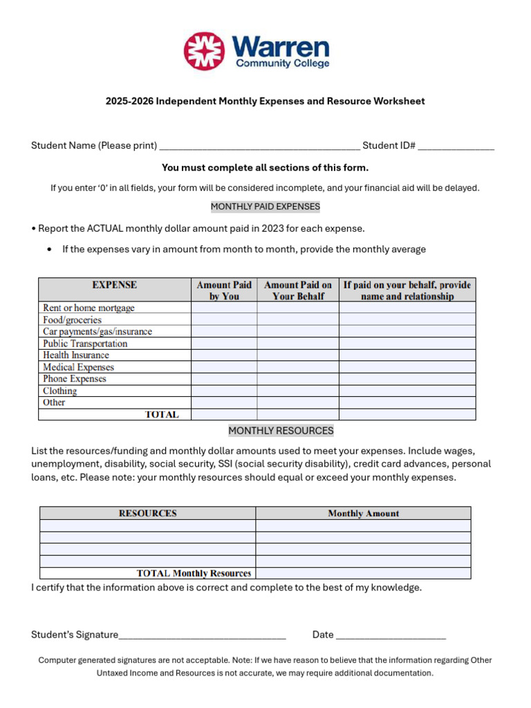 2025-2026 Monthly Expenses Worksheet | PDF