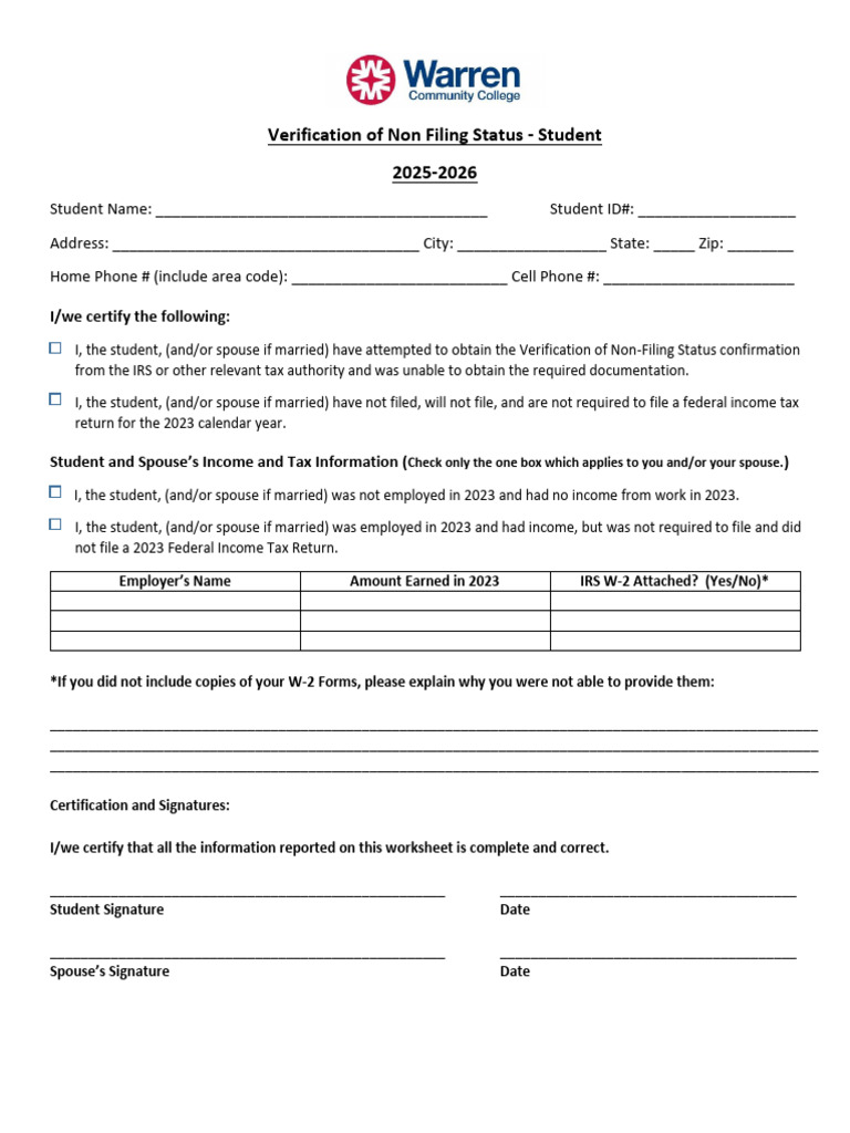 25-26 Verification of Non Filing Status Student | PDF