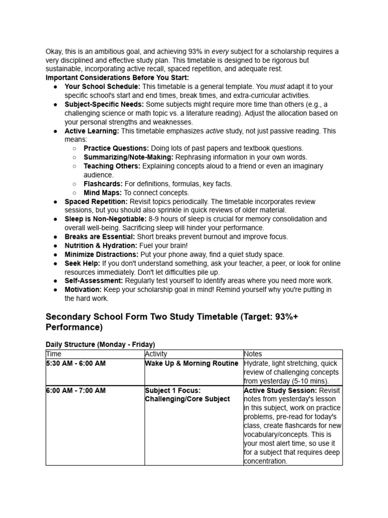 Create a Study Timetable for Secondary School for ... | PDF | Homework | Cognition
