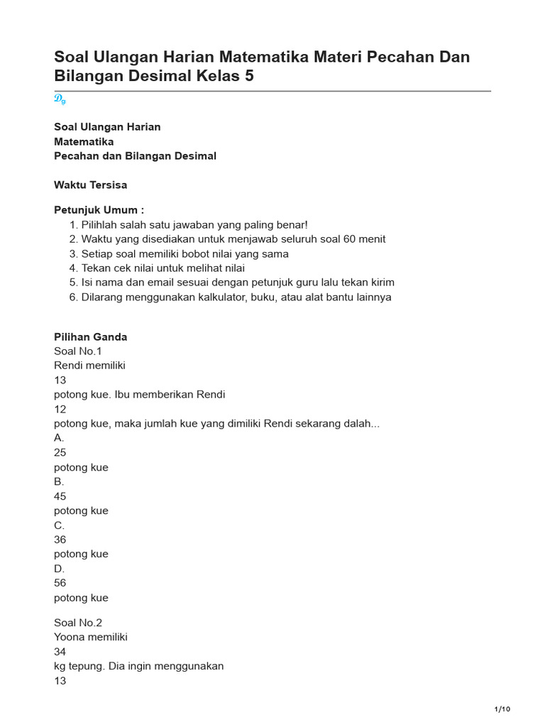 Soal Ulangan Harian Matematika Materi Pecahan Dan Bilangan Desimal ...