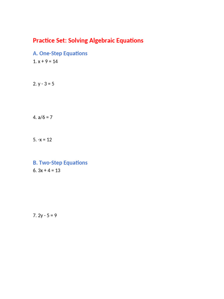 Solving Algebraic Equations Practice | PDF