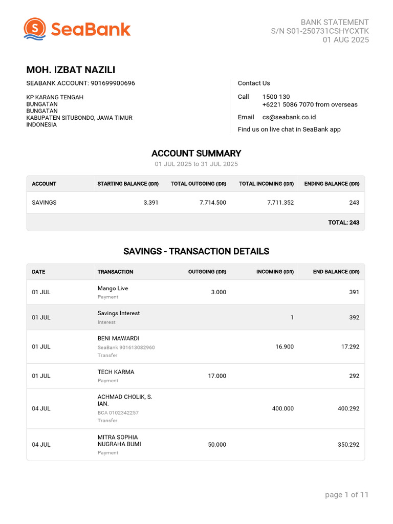 Seabank Statement 20250811 | PDF | Financial Technology | Finance ...