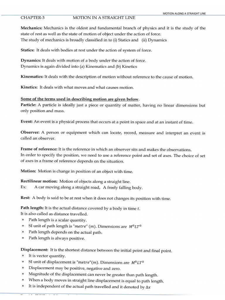 Motion in Straight Line | PDF