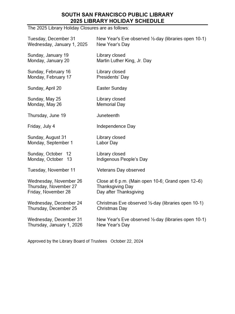 2025 Library Holiday Closures Schedule | PDF