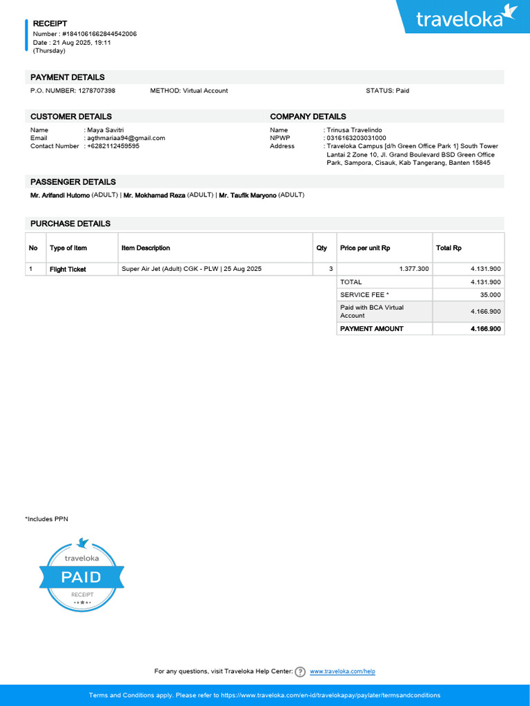 Traveloka Flight Ticket Receipt | PDF | Payments