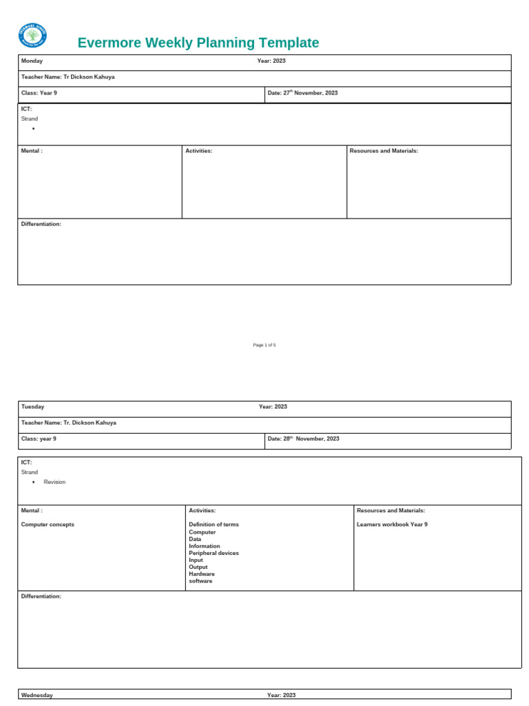 Year 9 Weekly Planning Template | PDF | Educational Technology | Office ...
