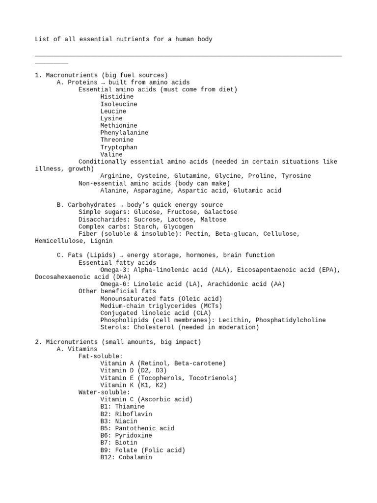Essential Nutrients for Human Health | PDF | Nutrients | Amino Acid