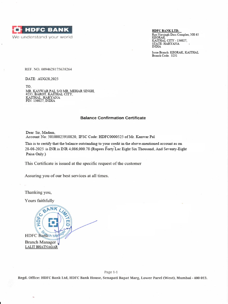 Bank Balance Certificate) | PDF