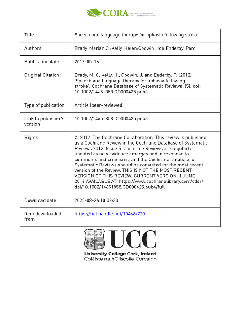 Speech and Language Therapy For Aphasia Following Stroke 2012 | PDF ...
