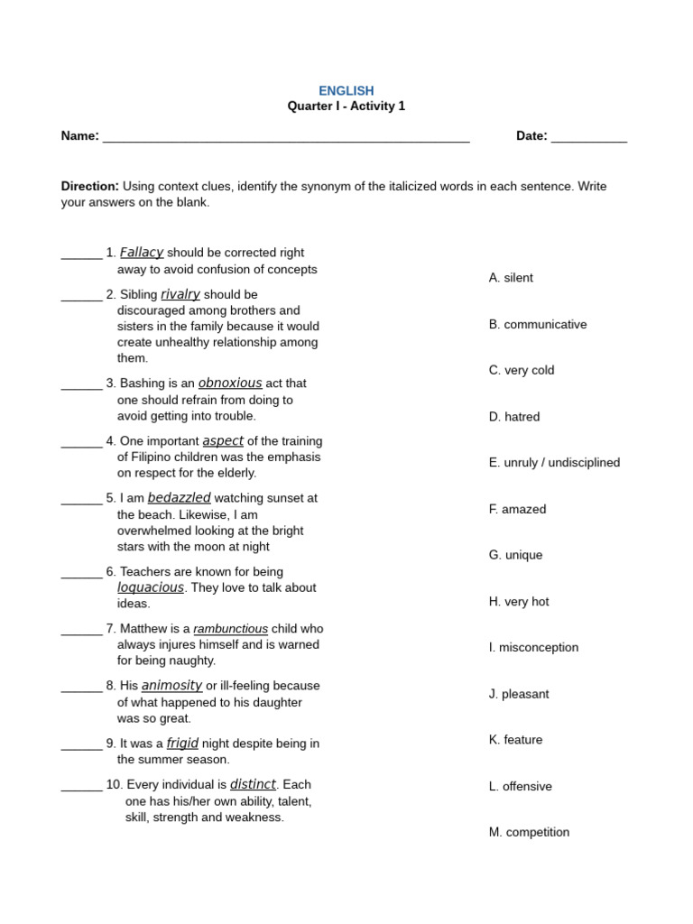 ENGLISH - Quarter 1 Worksheets | PDF