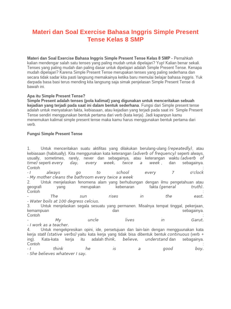 4 Materi Dan Soal Exercise Bahasa Inggris Simple Present Tense Kelas 8 ...