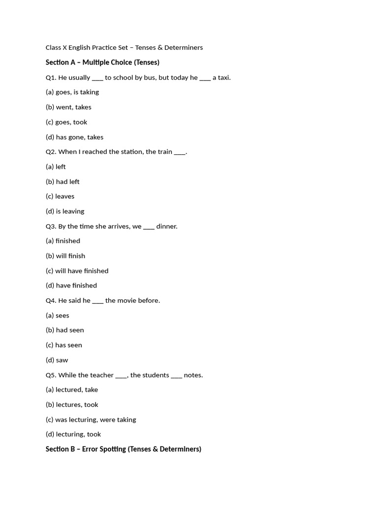 Tenses and Determiners Practice Set | PDF