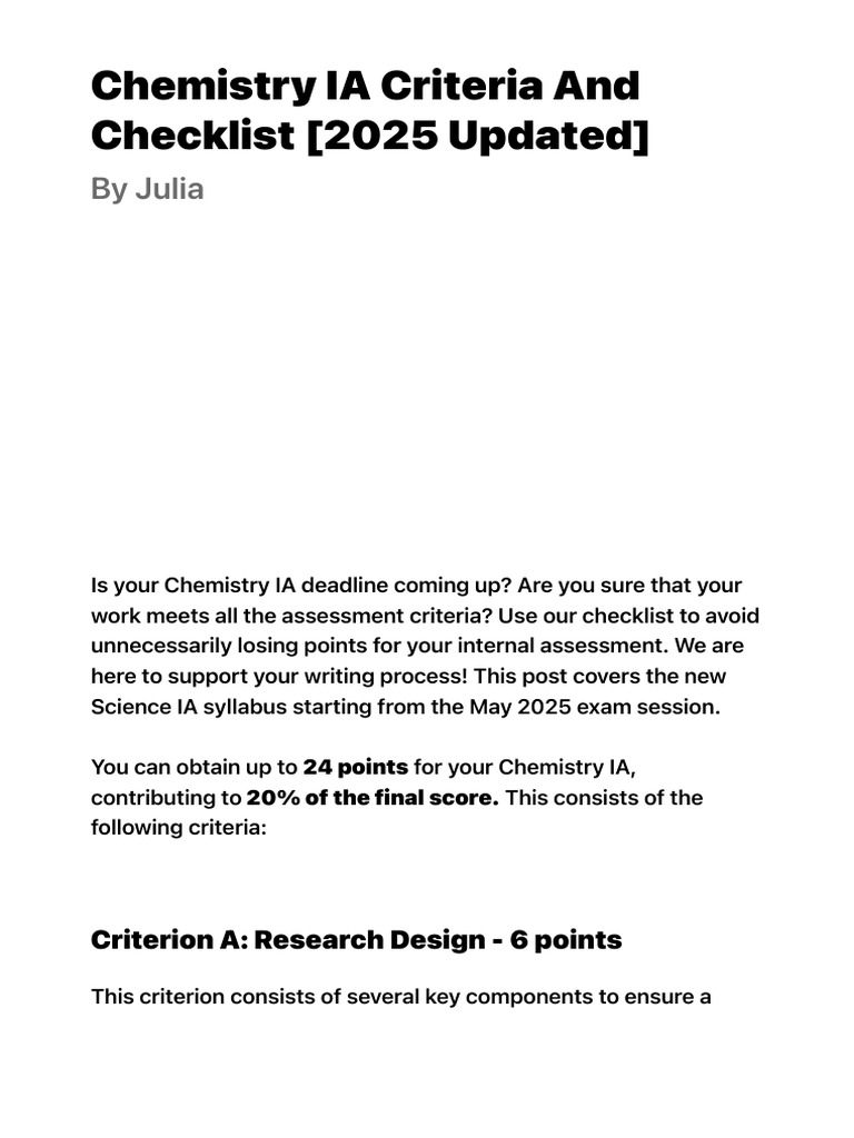 Chemistry IA Criteria and Checklist 2025 | PDF | Methodology | Accuracy ...