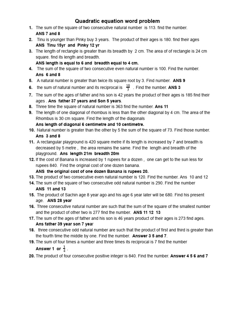 Quadratic Equation Word Problem | PDF | Length | Area