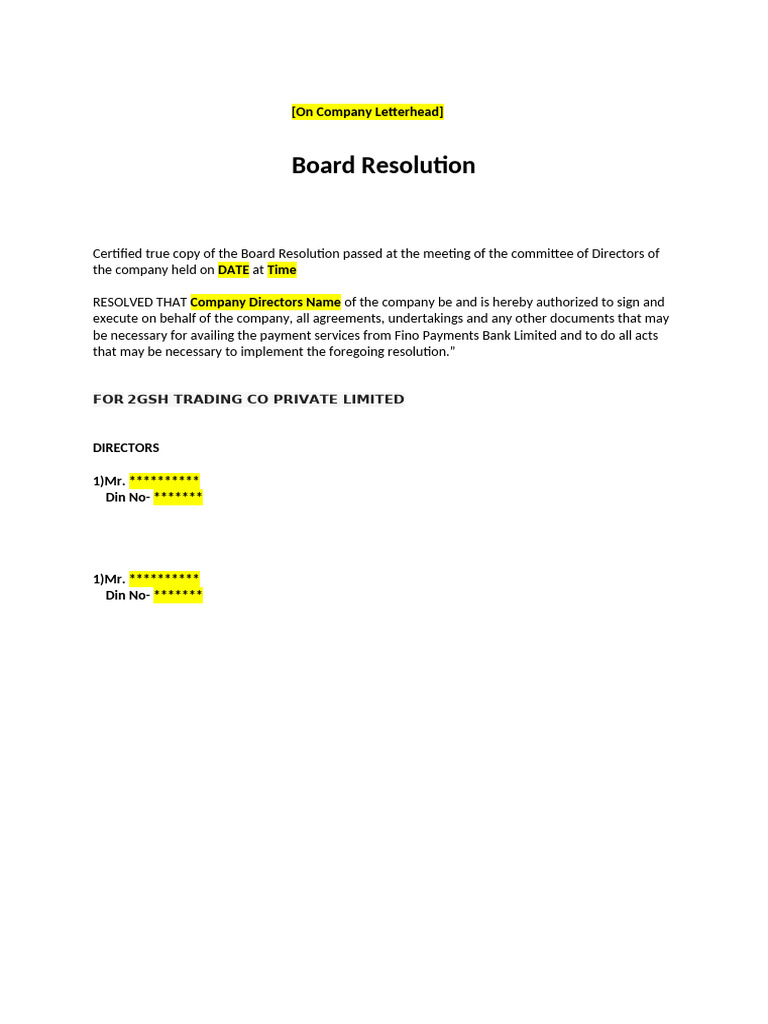 Board Resolution for Payment Services | PDF