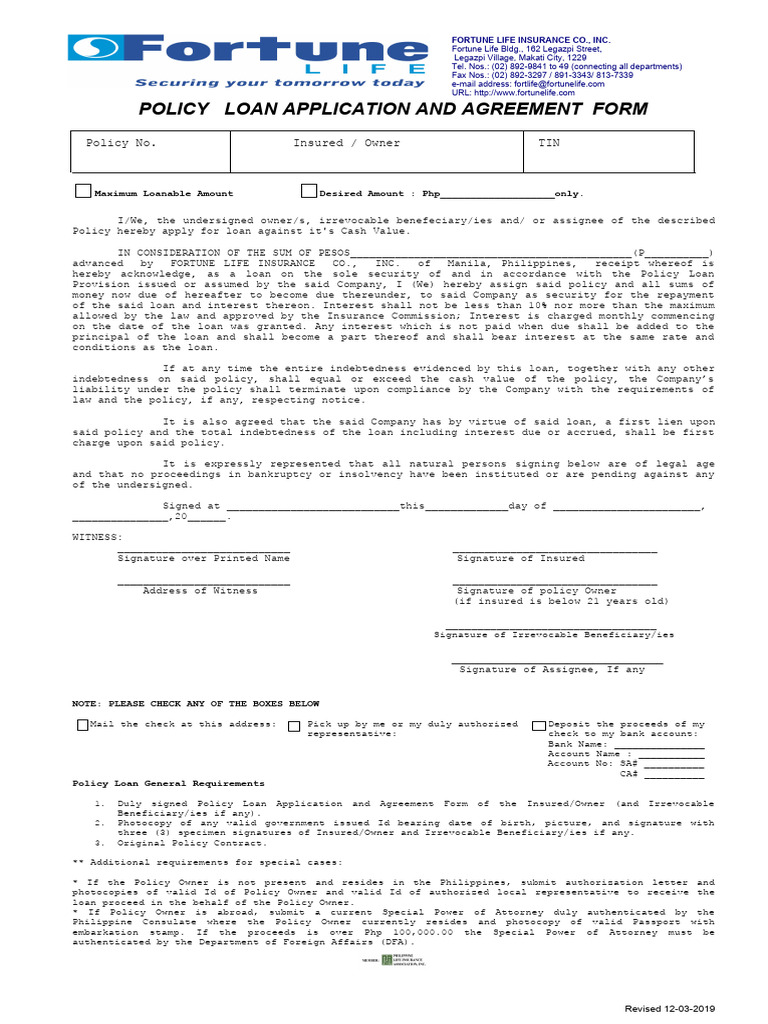 Policy Loan Application & Agreement Form | PDF | Loans | Interest