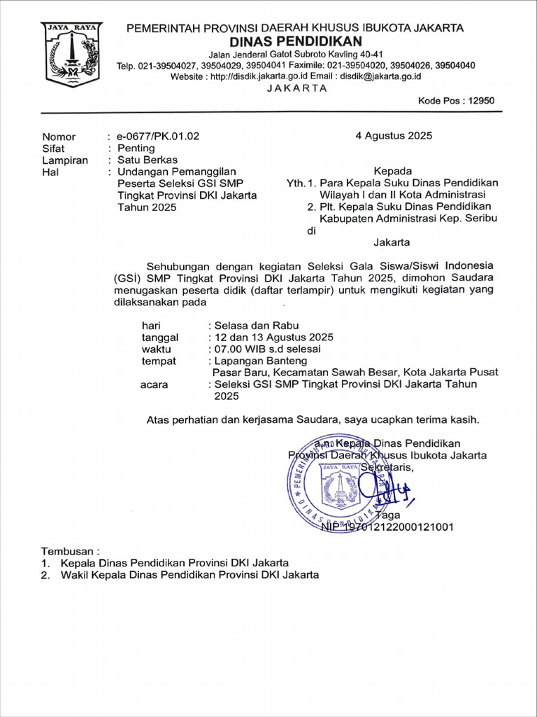 Undangan Pemanggilan Peserta Seleksi GSI TK Provinsi DKI Jakarta 2025 | PDF