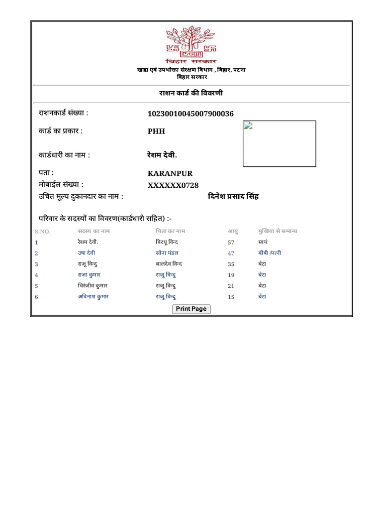 Reshma Devi Rashan Card Image | PDF