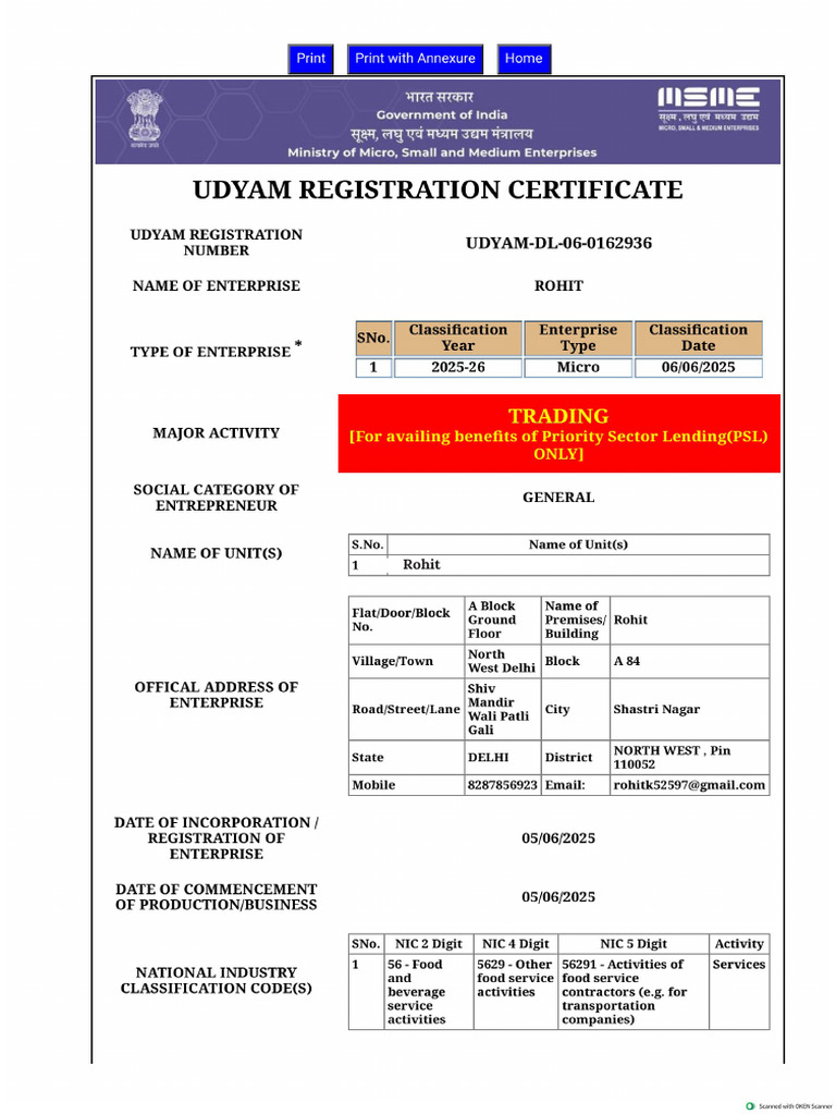 Print - Udyam Registration Certificate | PDF
