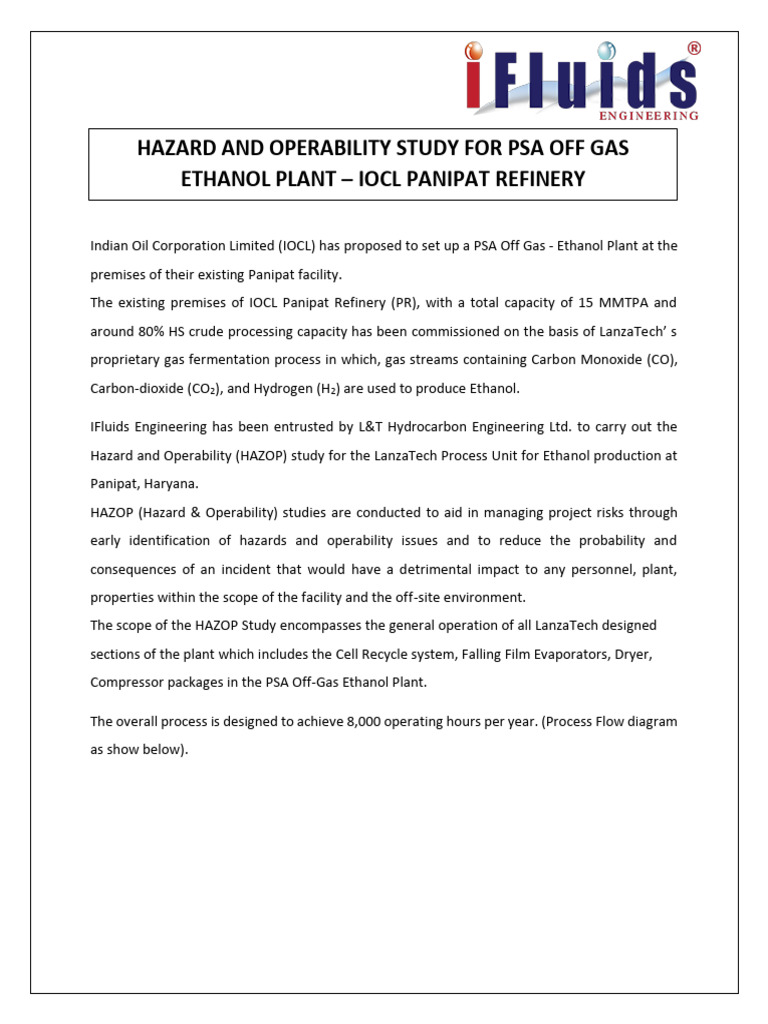 HAZOP Study for IOCL Ethanol Plant | PDF | Oil Refinery | Risk Assessment