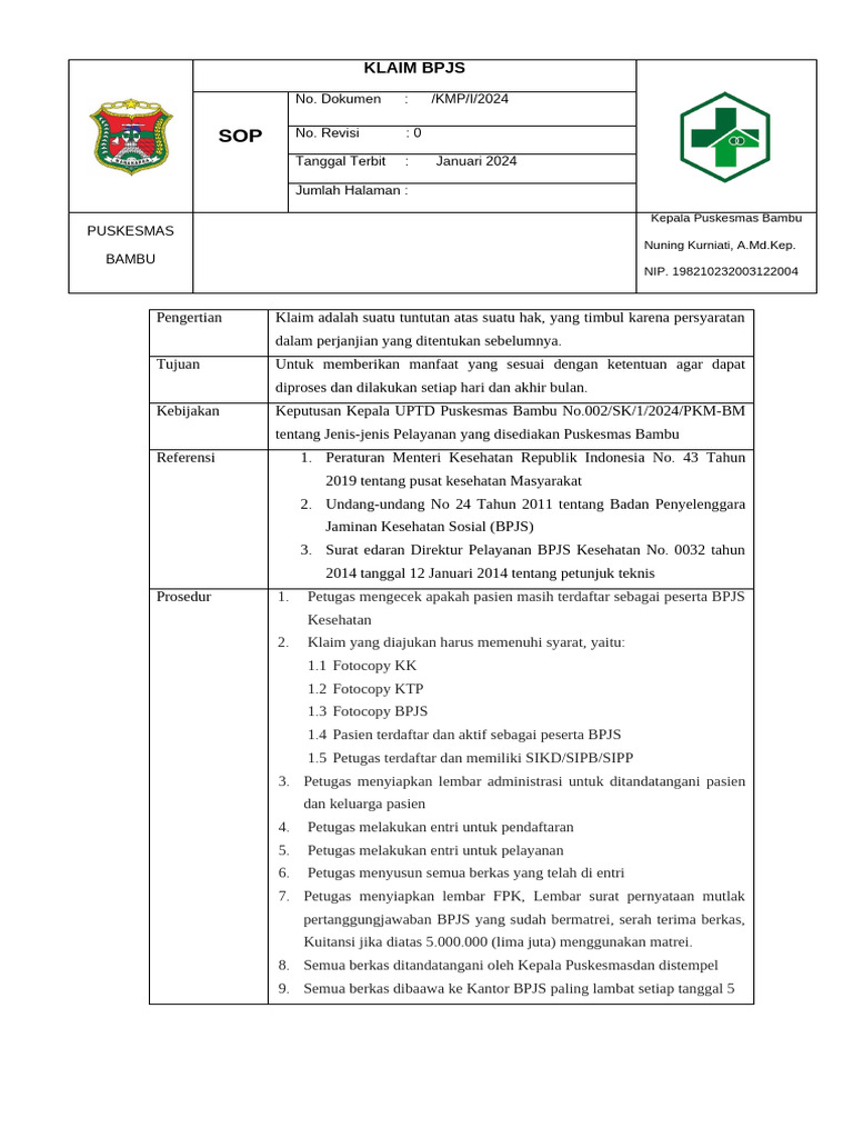 Prosedur Klaim BPJS di Puskesmas Bambu | PDF