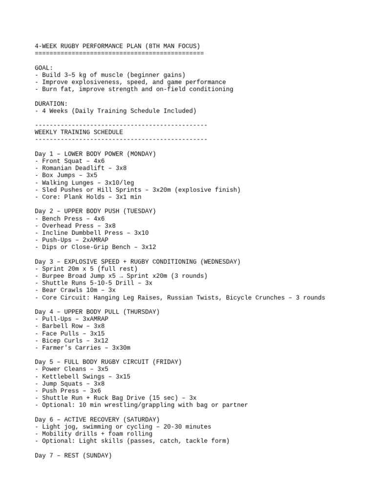 4-Week Rugby Workout Plan for 8th Man | PDF | Kettlebell | Weight Training