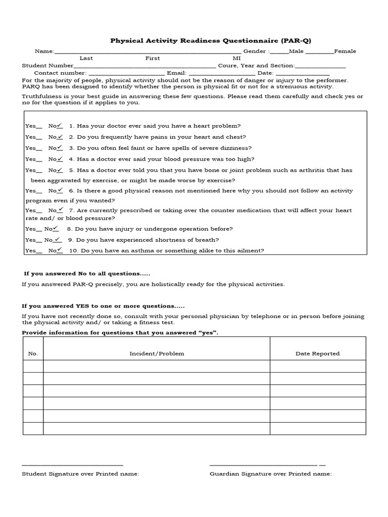 Physical Activity Readiness Questionnaire | PDF | Clinical Medicine ...