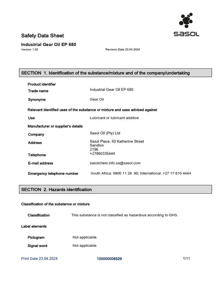 Enoc Strata Gear Oil EP 680 | PDF | Occupational Safety And Health ...