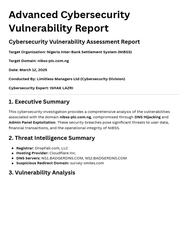 NIBSS Cybersecurity Vulnerability Report | PDF | Security | Computer ...