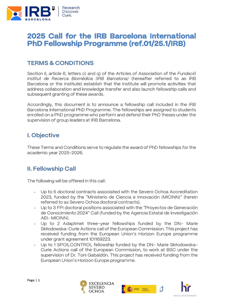 2025 Call IRB Barcelona International PHD Fellowship Programme - 1 ...