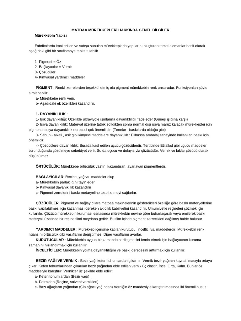 Matbaa Mürekkepleri̇ Hakkinda Genel Bi̇lgi̇ler | PDF