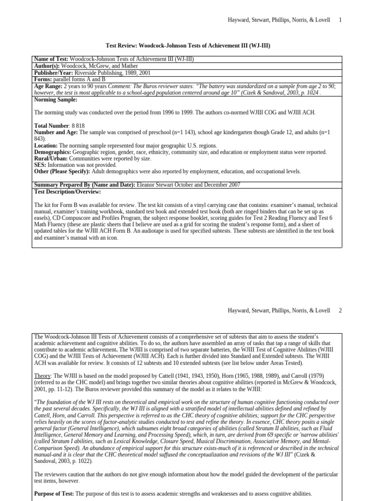 Woodcock-Johnson Test of Achievement III (WJ-III) | PDF | Validity ...