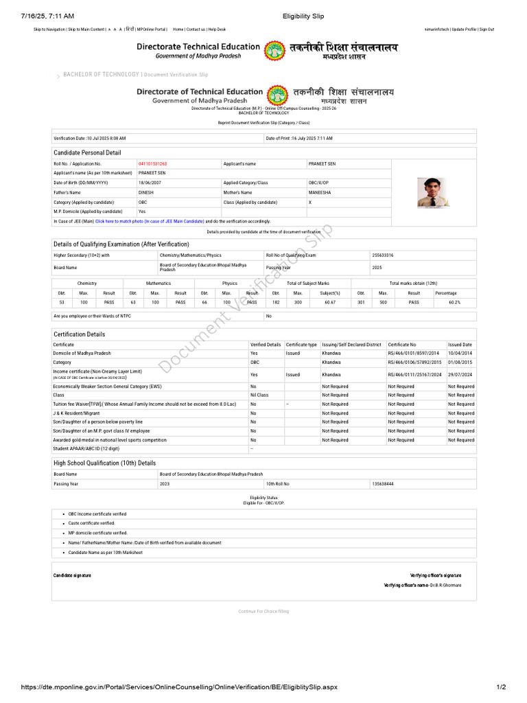 PRANEET SEN - Eligibility Slip | PDF | Qualifications | Educational Stages