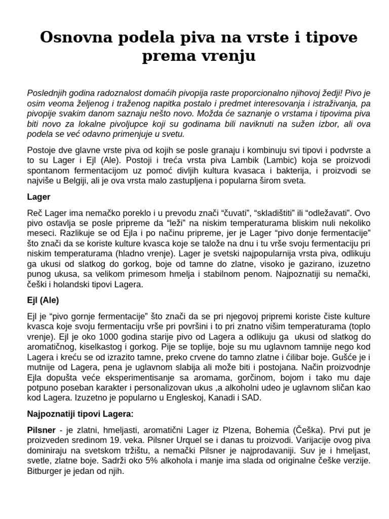 Osnovna Podela Piva Na Vrste I Tipove Prema Vrenju | PDF