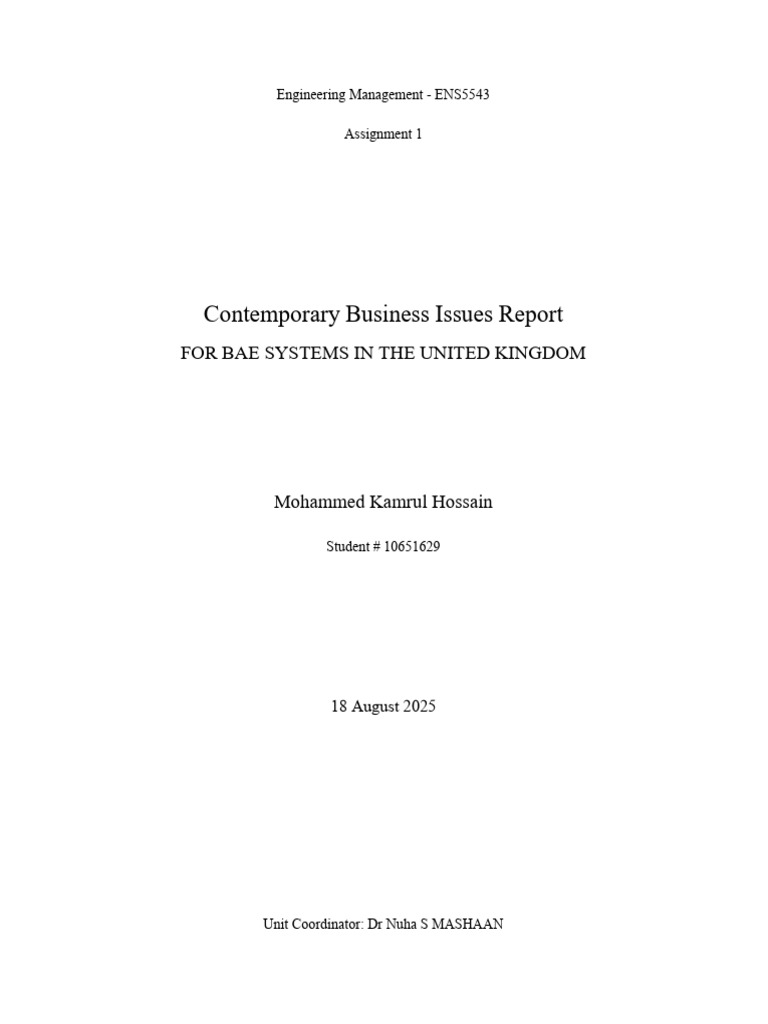 Contemporary Business Issues Report: For Bae Systems in The United ...